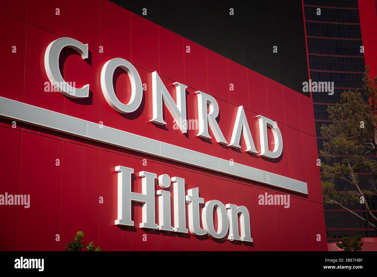 LAS VEGAS, AUGUST 21, 2024: Logos of Conrad Hotels and Hilton hotels ...