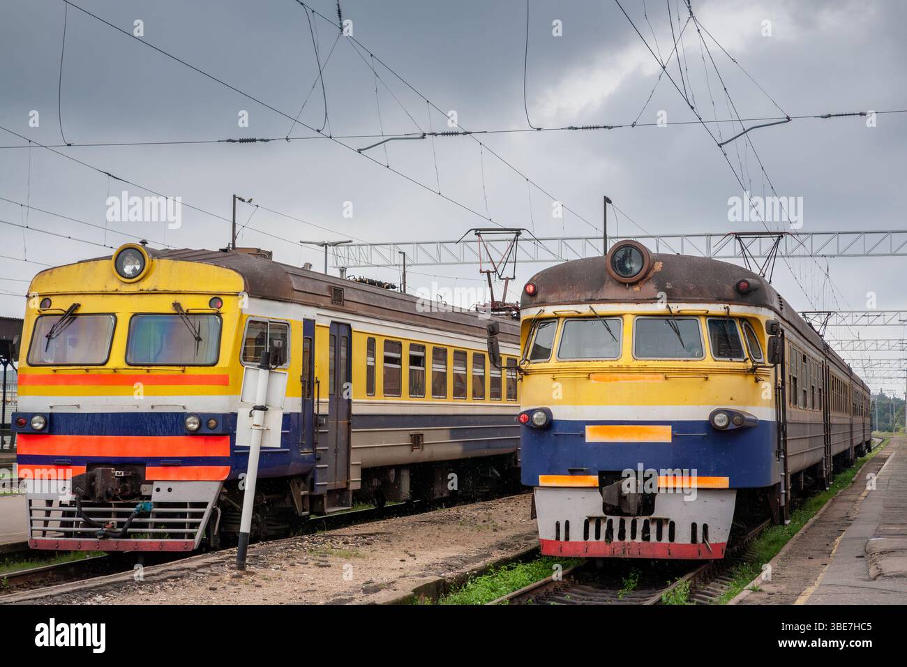 Two soviet style old electric multiple-unit trains of Latvian Railways ...