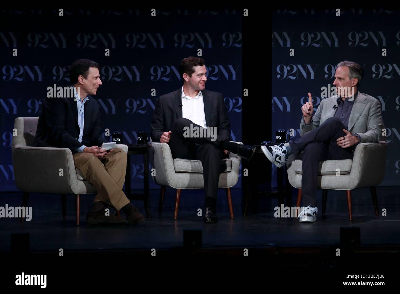 Moderator David Remnick, from left, and authors Alex Thompson and Jake ...