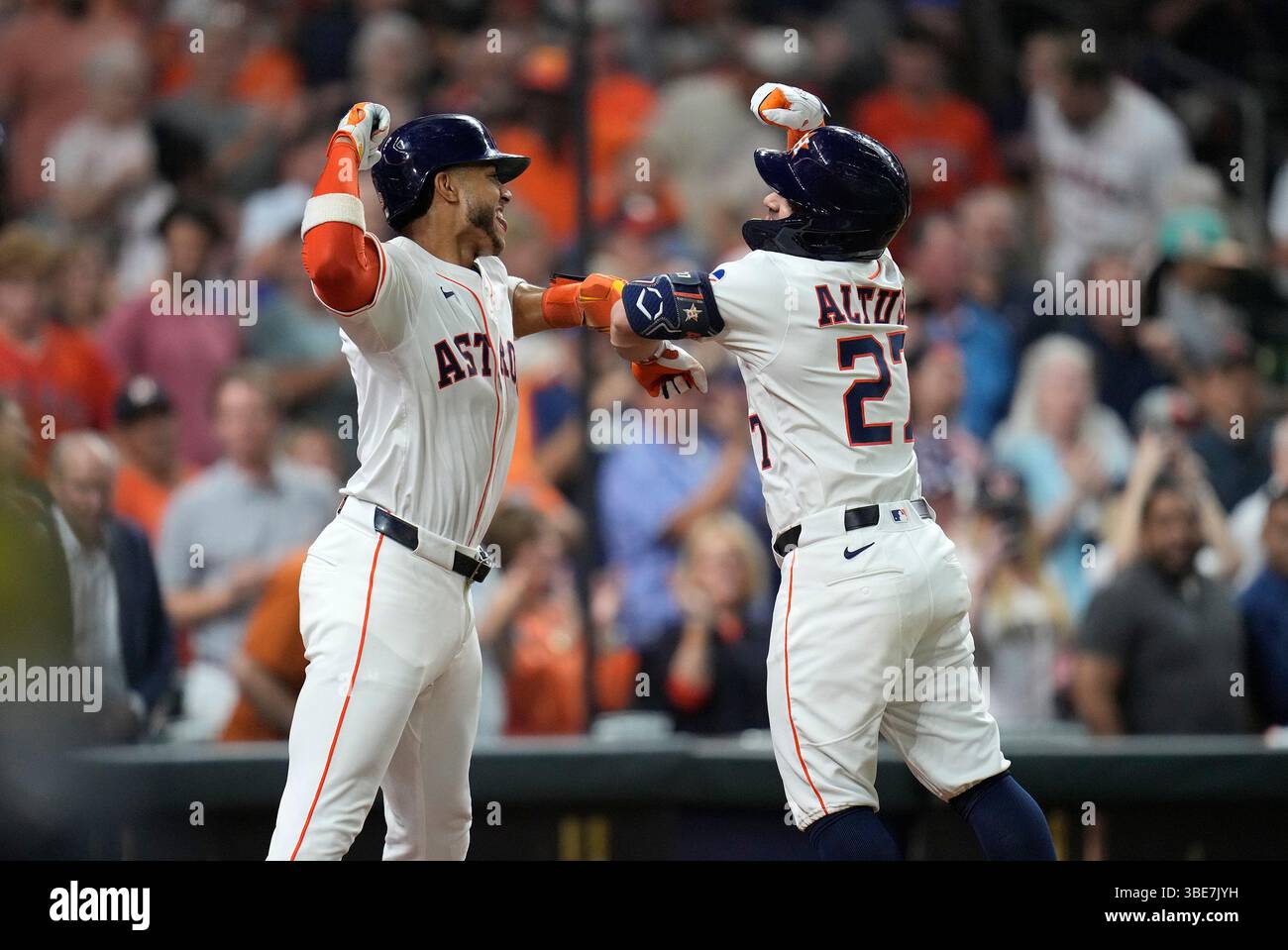 Houston Astros Jose Altuve 27 Celebrates His Two Run Home Run With Jeremy Peña Left Against