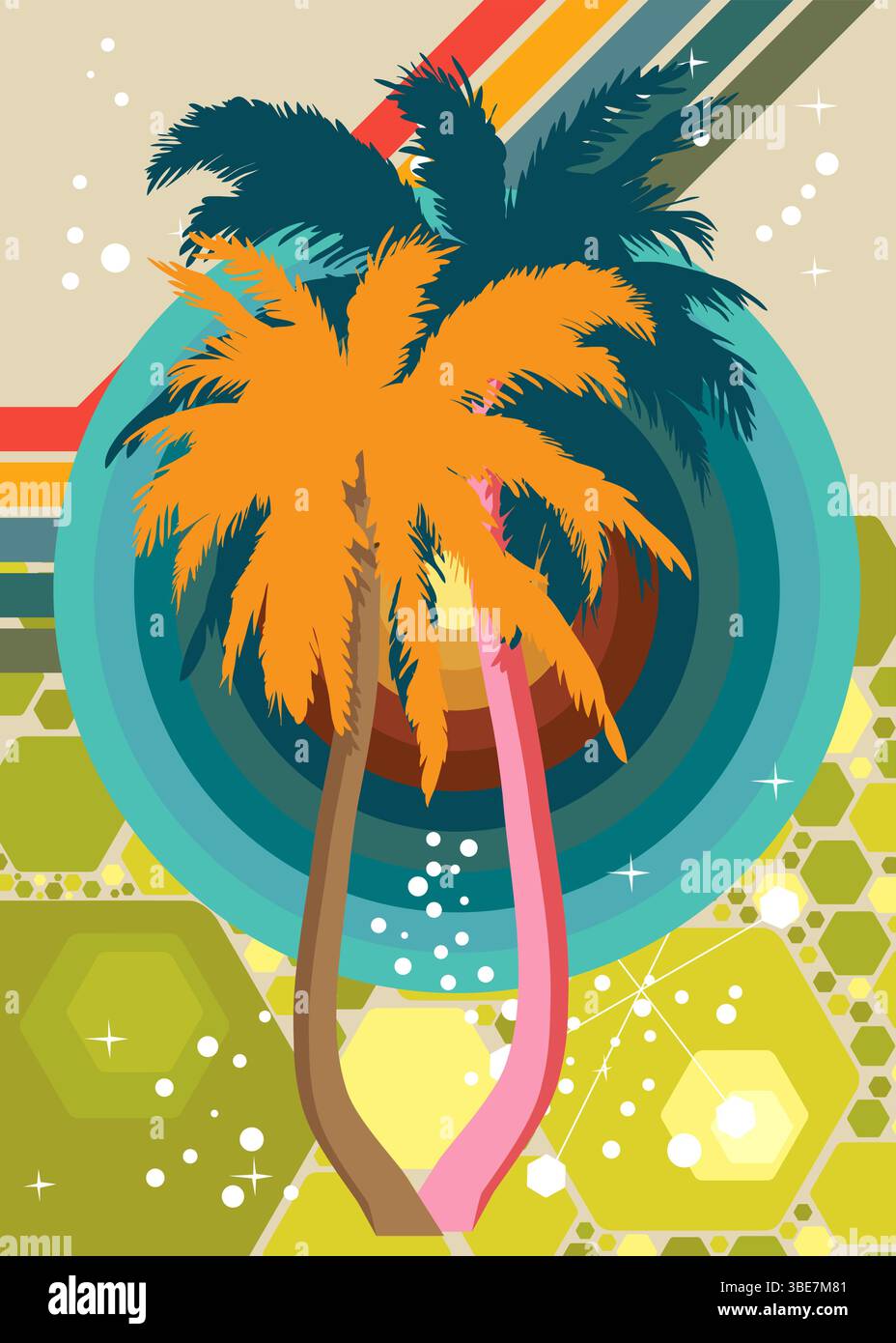 Retro 70s Background with Palm Tree. Groovy Tropical 1970s art template ...