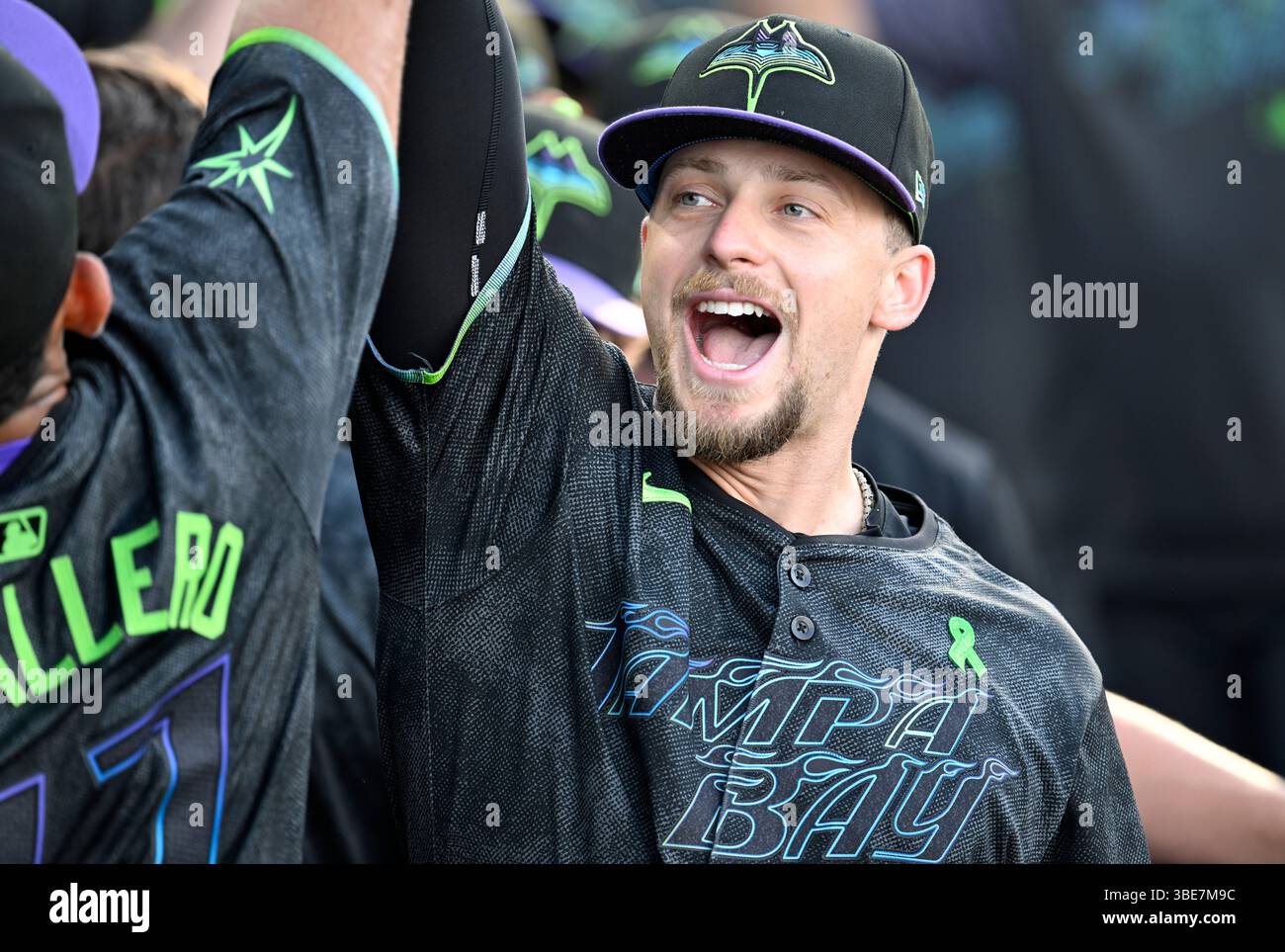 Tampa Bay Rays pitcher Eric Orze high fives teammates before a baseball ...