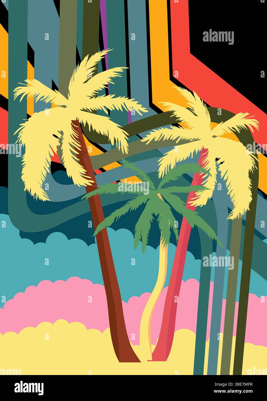 Retro 70s Background with Palm Tree. Groovy Tropical 1970s art template ...