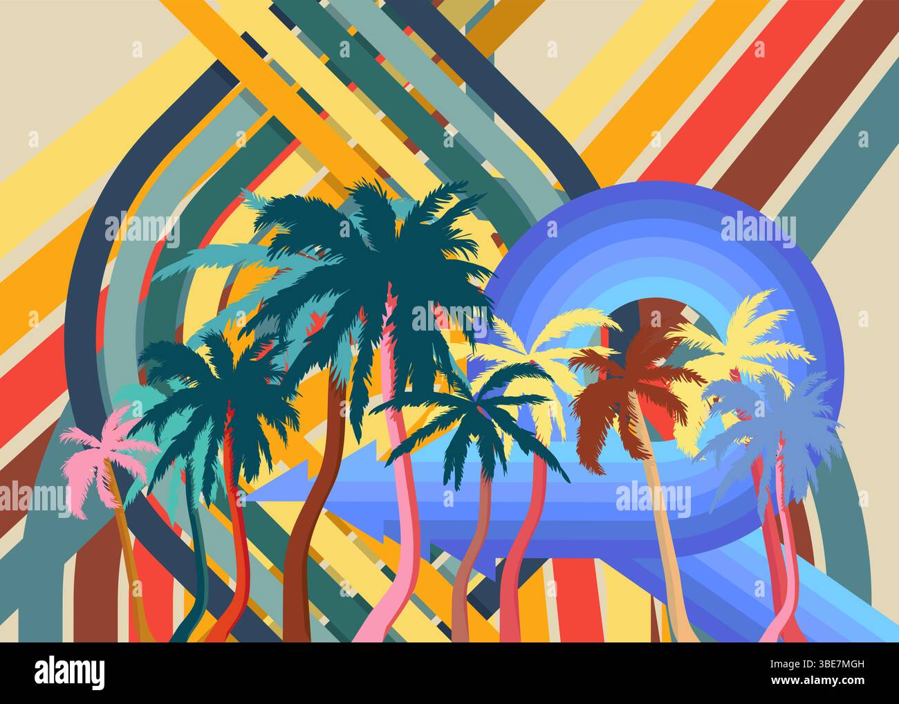 Retro 70s Background with Palm Tree. Groovy Tropical 1970s art template. Minimalistic Vintage ...