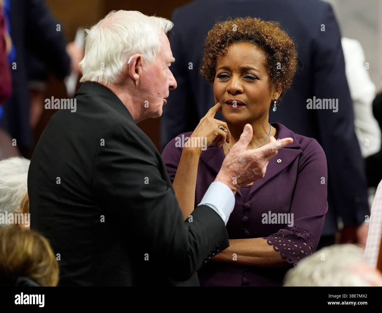 Ottawa, Canada. 27th May, 2025. Former governor generals David Johnston, left, and Michaelle ...