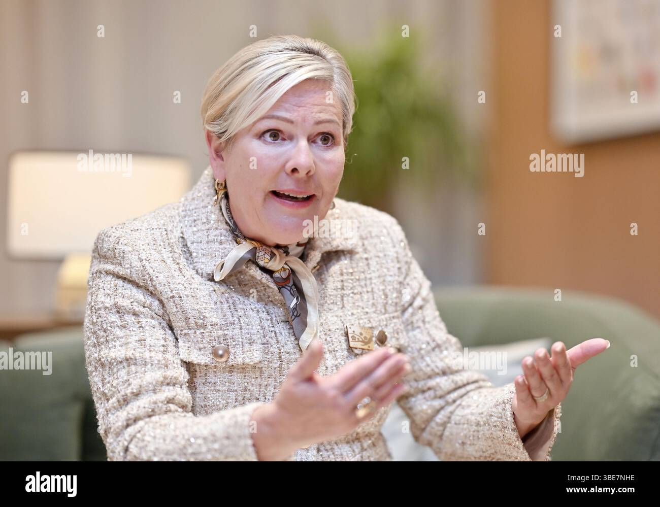 Icelandic President Halla Tomasdottir gives an interview in Tokyo on ...
