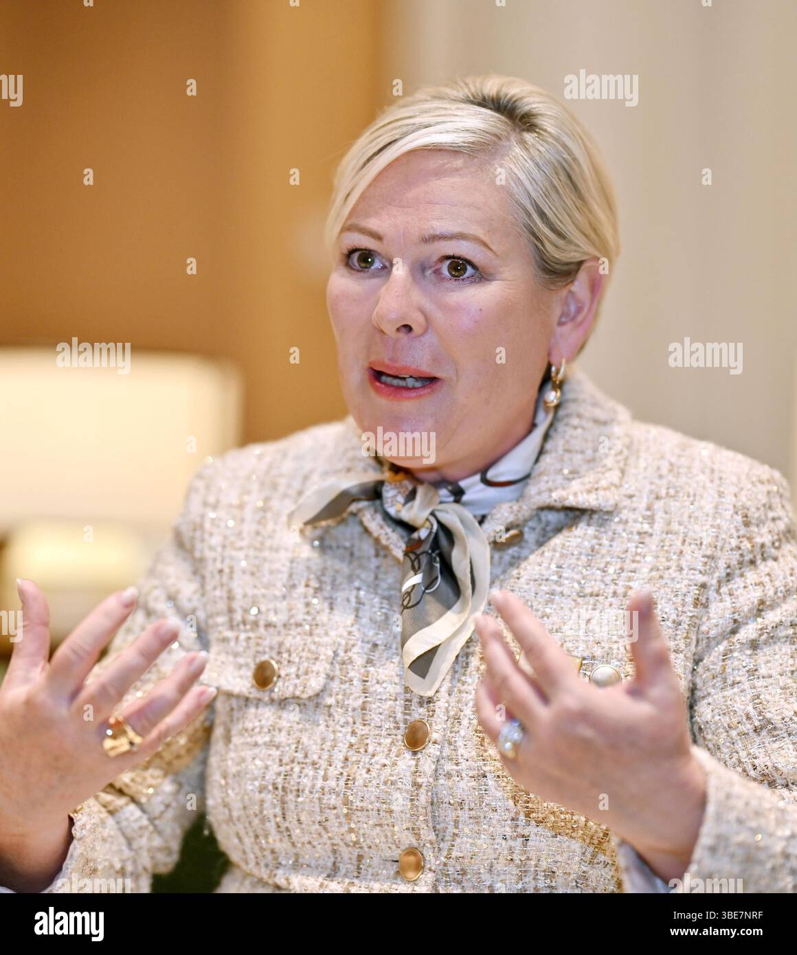 Icelandic President Halla Tomasdottir gives an interview in Tokyo on ...