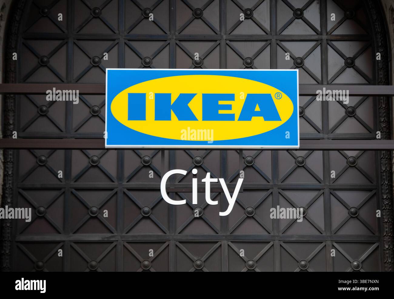 Close-up of an IKEA City sign on a storefront facade in London Stock ...