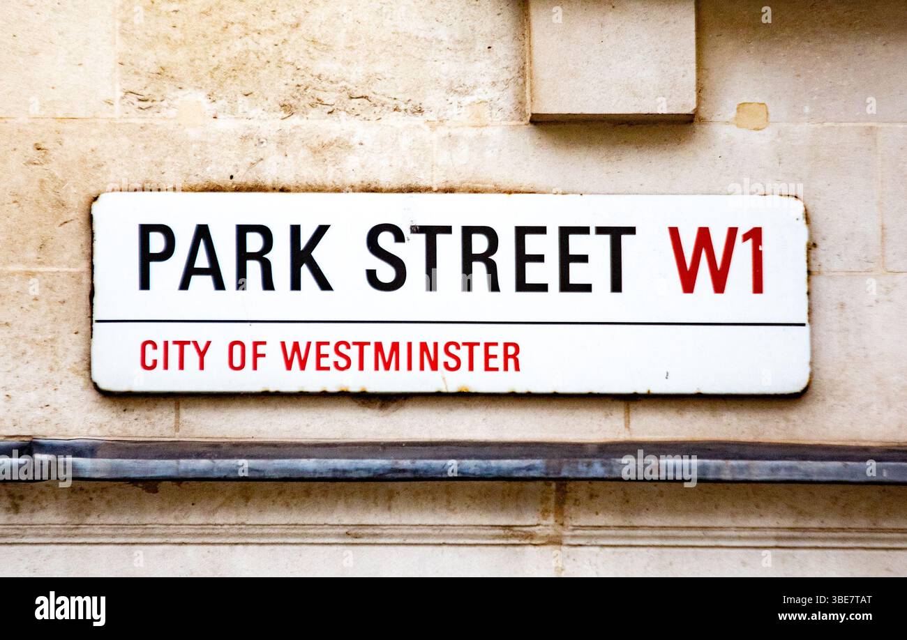 Close-up of Park Street sign in the City of Westminster, London. The ...