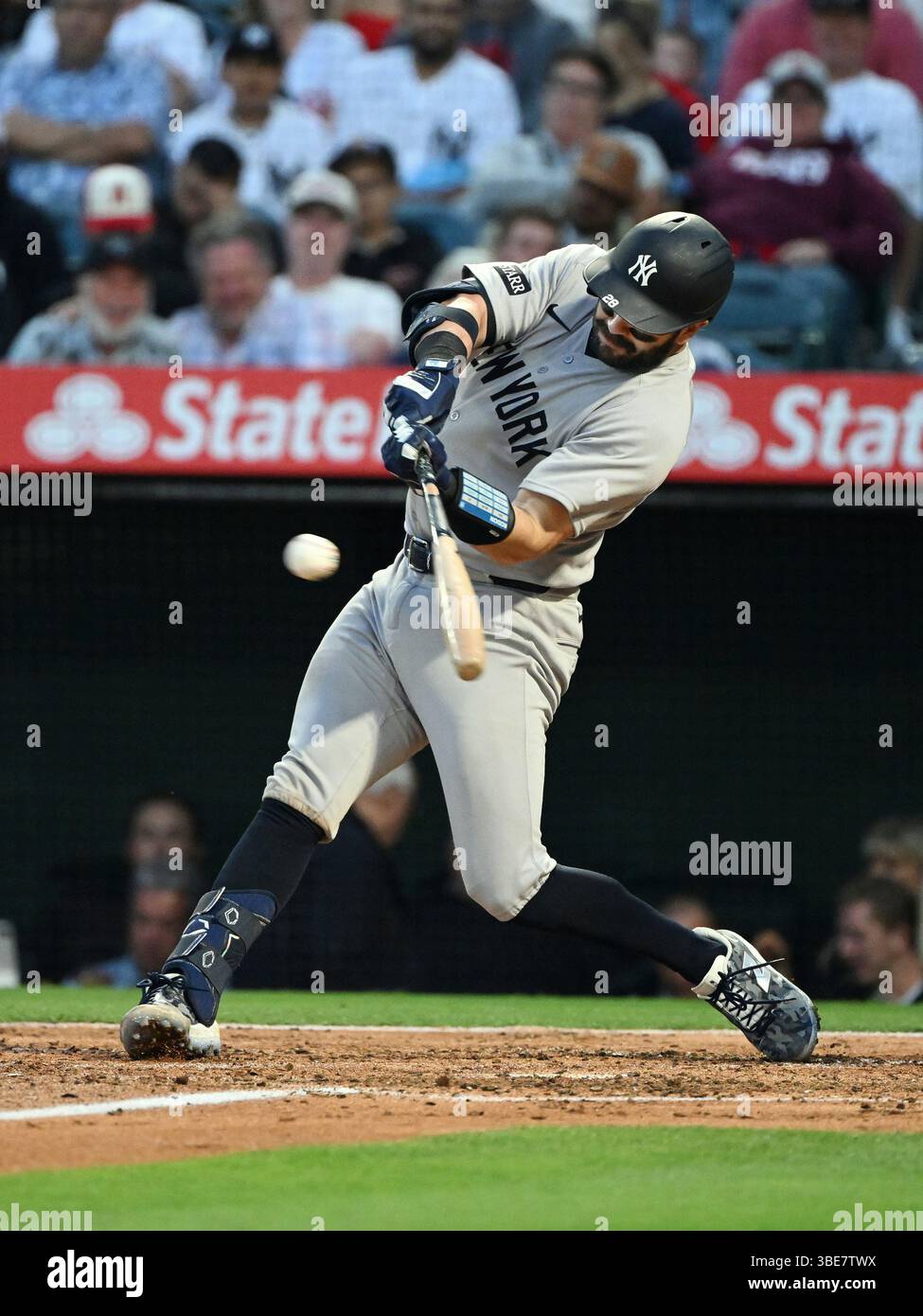 ANAHEIM, CA - MAY 27: New York Yankees catcher Austin Wells (28) hits a ...