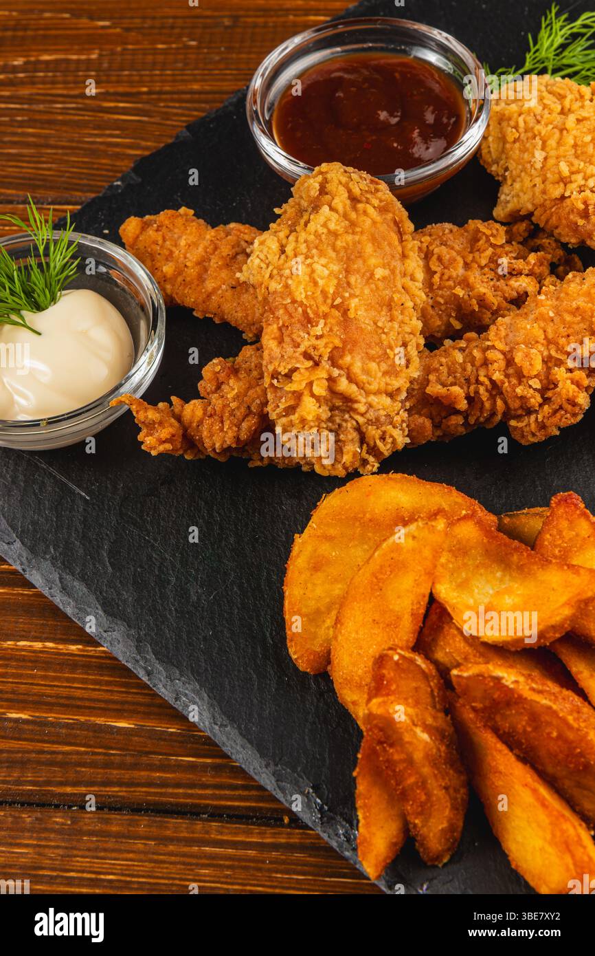 Crispy fried chicken tenders are arranged on a slate platter with dipping sauces and seasoned ...