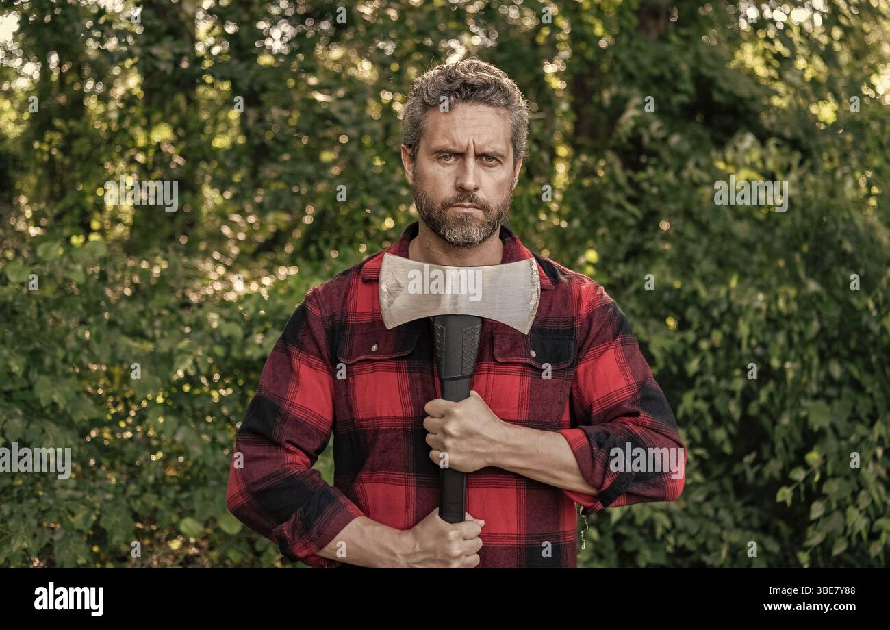 Lumberjack axe. Man with logging axe. Hardworking brutal man ...