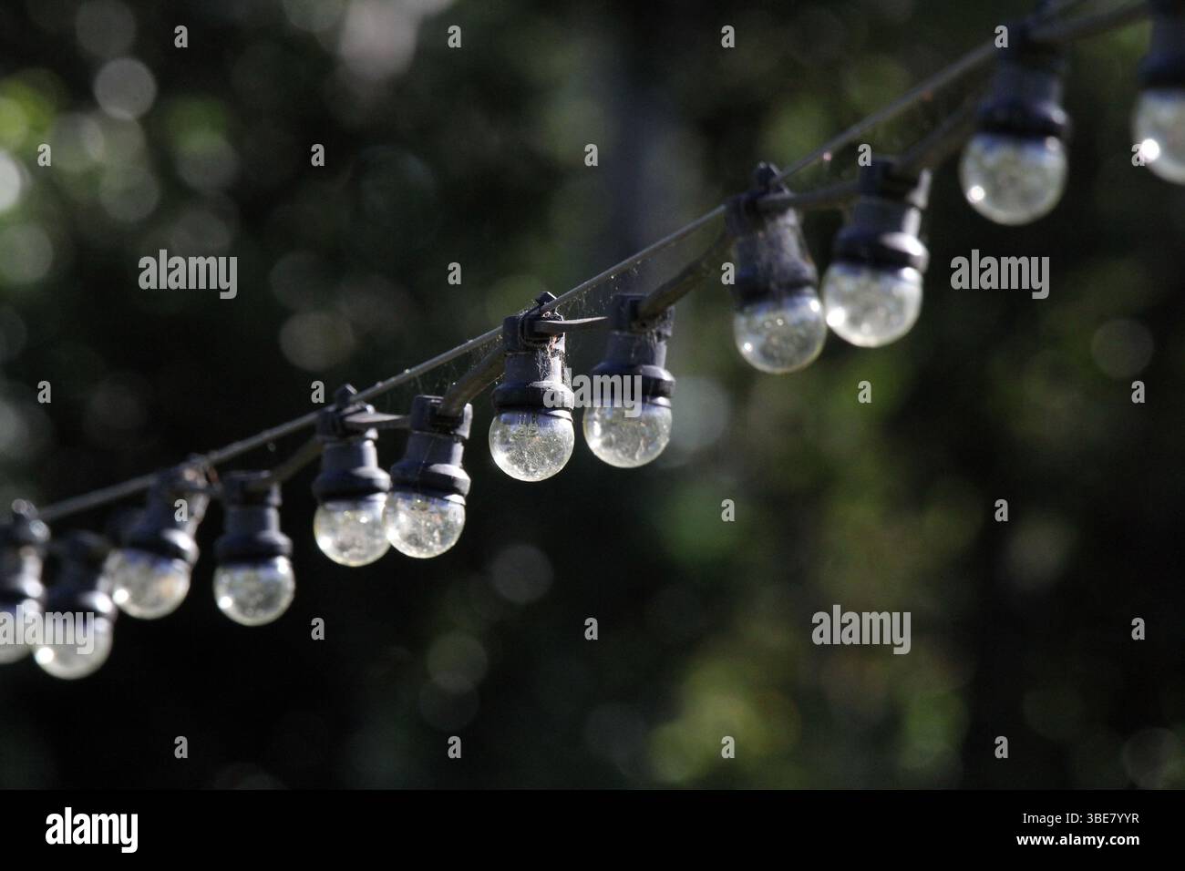 Outdoor lights hanging in a row Stock Photo - Alamy