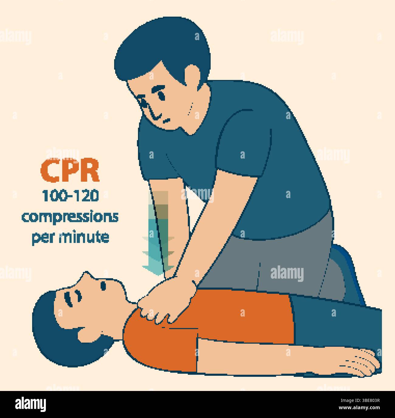 Vector illustration showing CPR procedure with clear compression rate instructions. Simple color ...