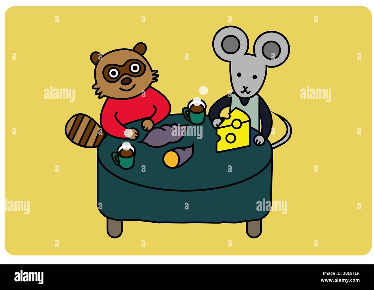 Tea time with raccoon eating sweet potatoes and mice eating cheese ...