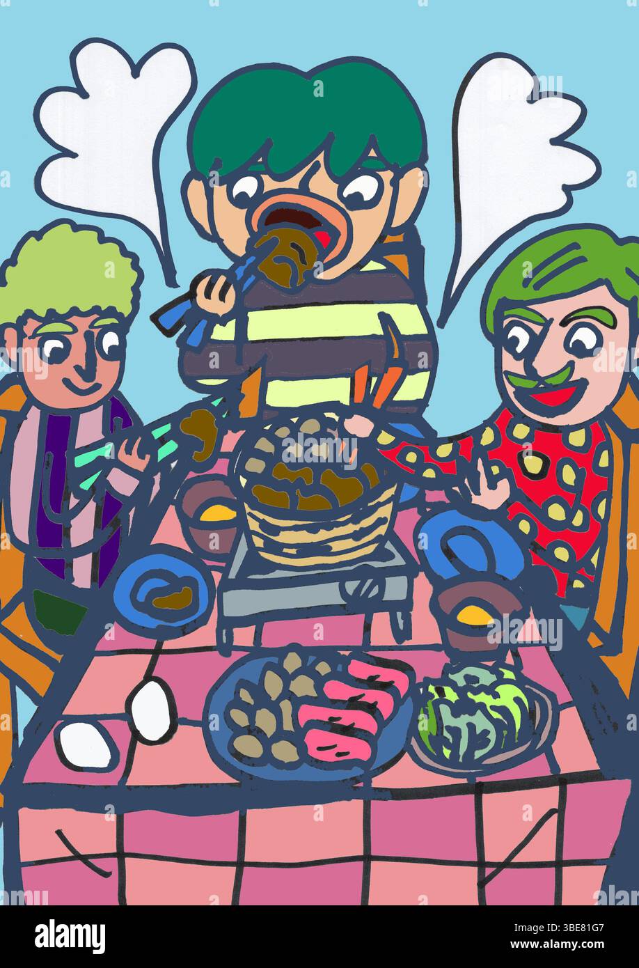 Three men around a hot pot Stock Photo - Alamy