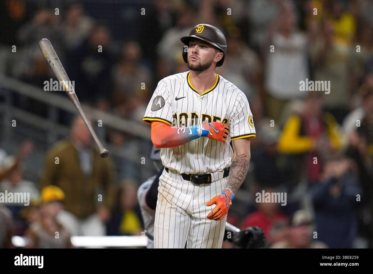 San Diego Padres' Jackson Merrill tosses his bat after hitting a home ...