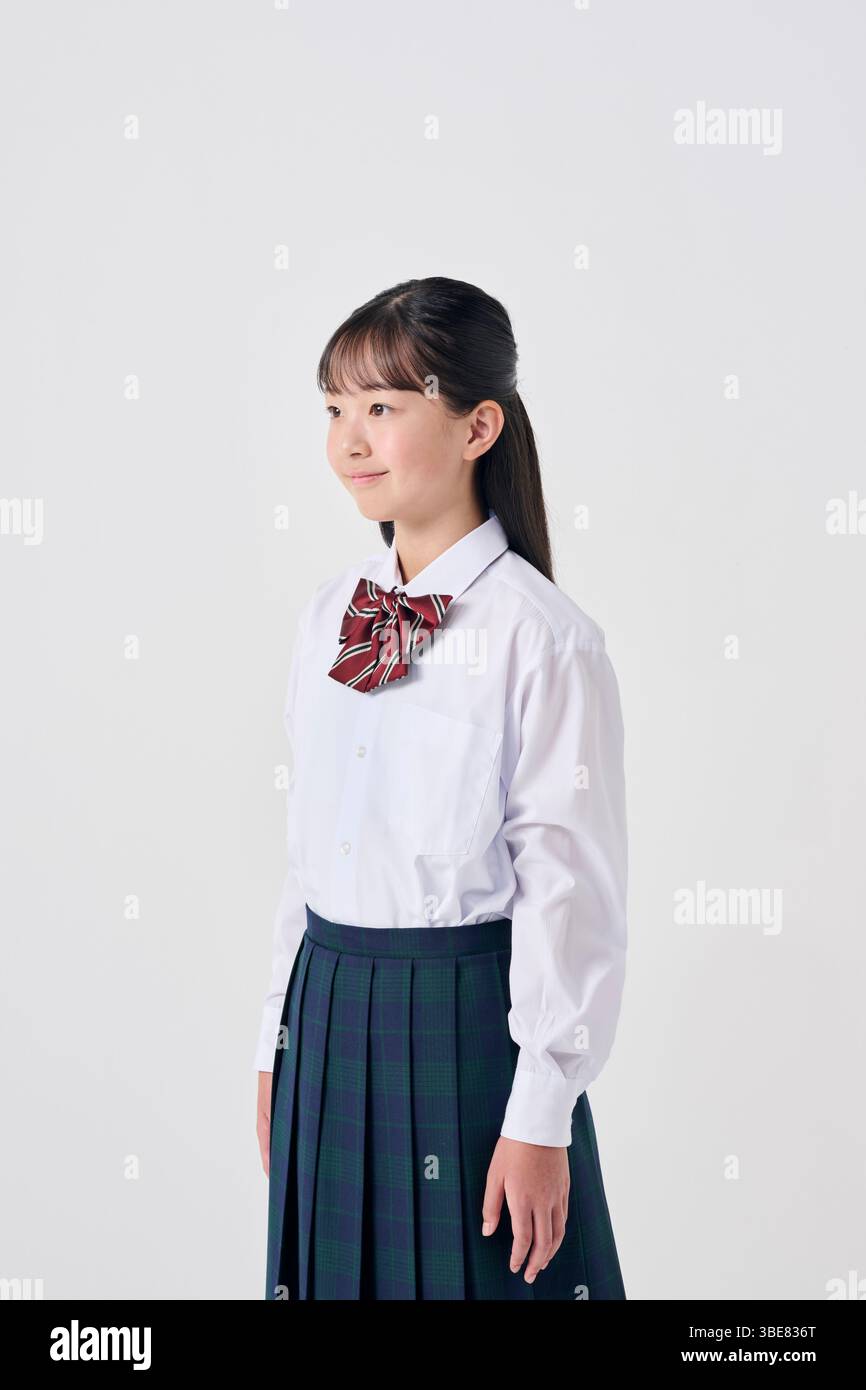 White background, Japanese Junior High School Girl, Smiling Stock Photo ...