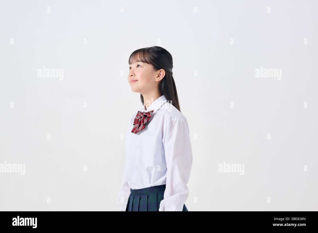 White background, Japanese Junior High School Girl, smiling Stock Photo ...