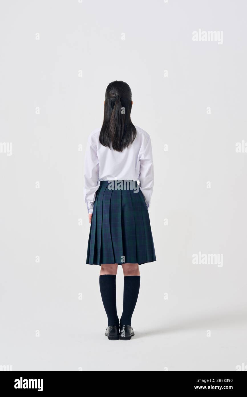 White Background, Japanese Junior High School Girl, Back View Stock ...