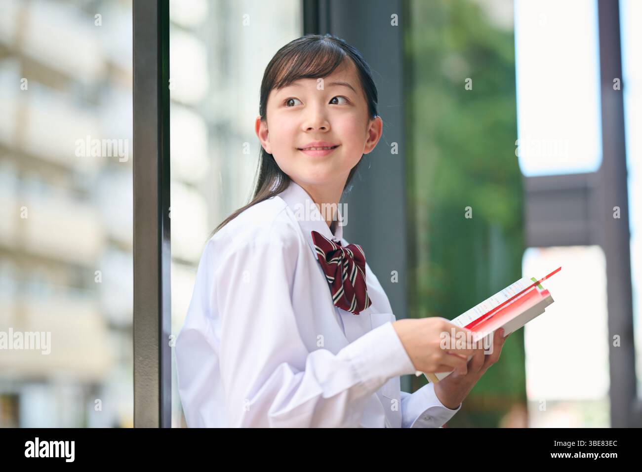 A junior high school girl reading a reference book at a bus stop Stock ...