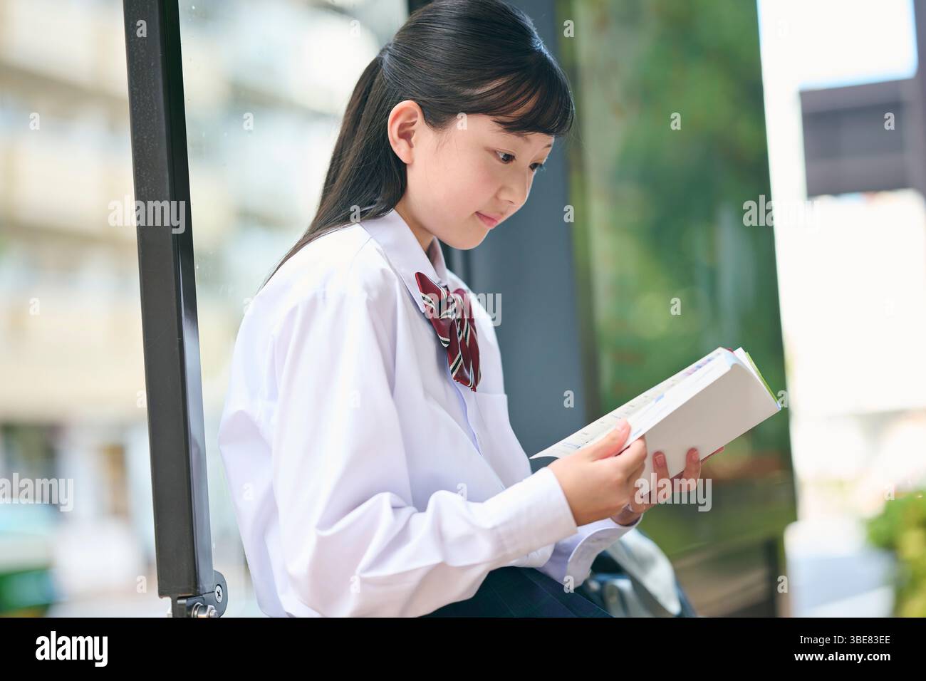 Junior high school girl reading reference book at bus stop Stock Photo ...