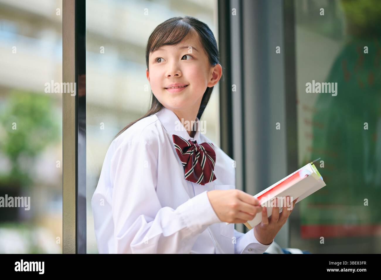 Junior high school girl reading a reference book at a bus stop Stock ...