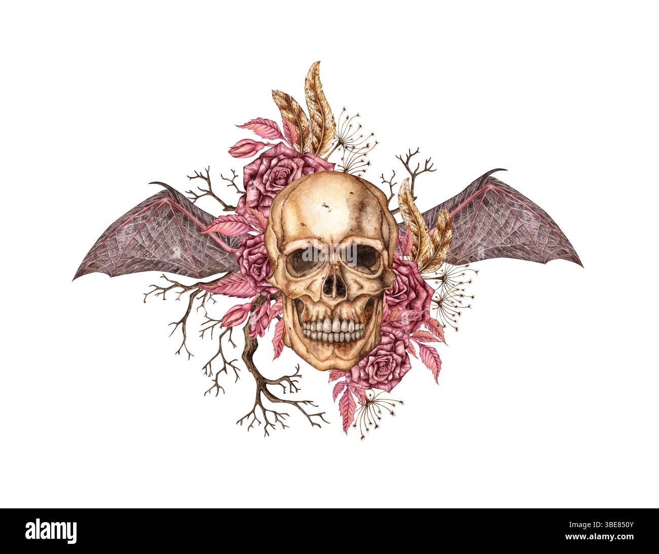 Human skull realistic with bat wings, dry branches, feathers and roses ...