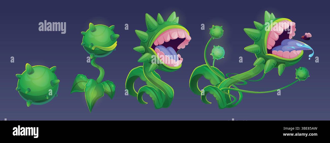 Scary cartoon plant monster growth stages - round green creature with ...