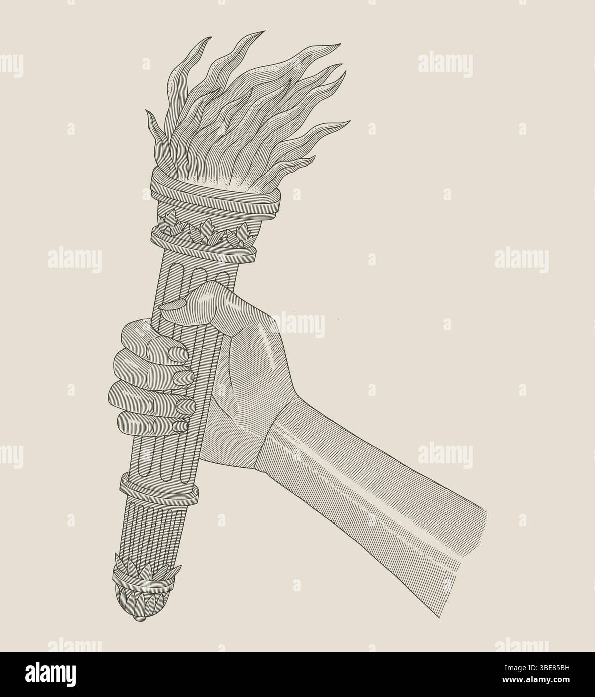 Hand holding a antique torch, vintage engraving style drawing style ...