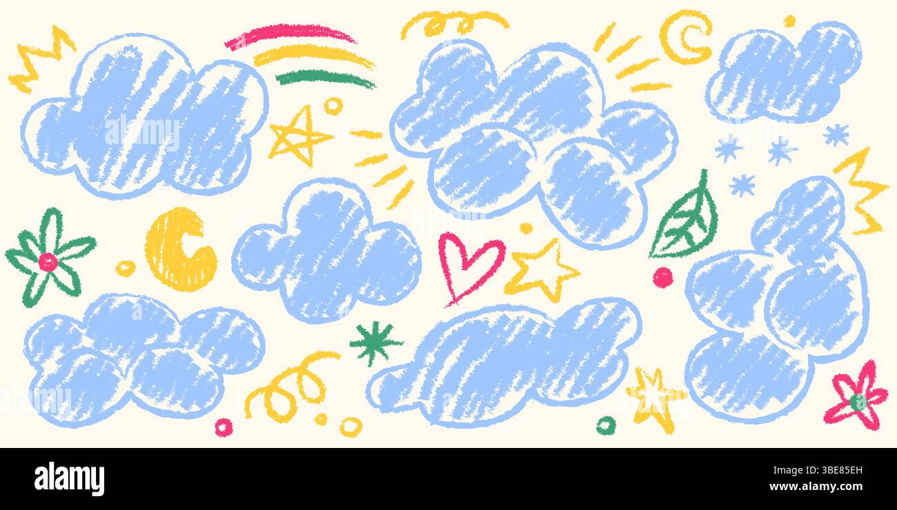Crayon doodle style clouds with rainbow and stars, hearts and flowers ...