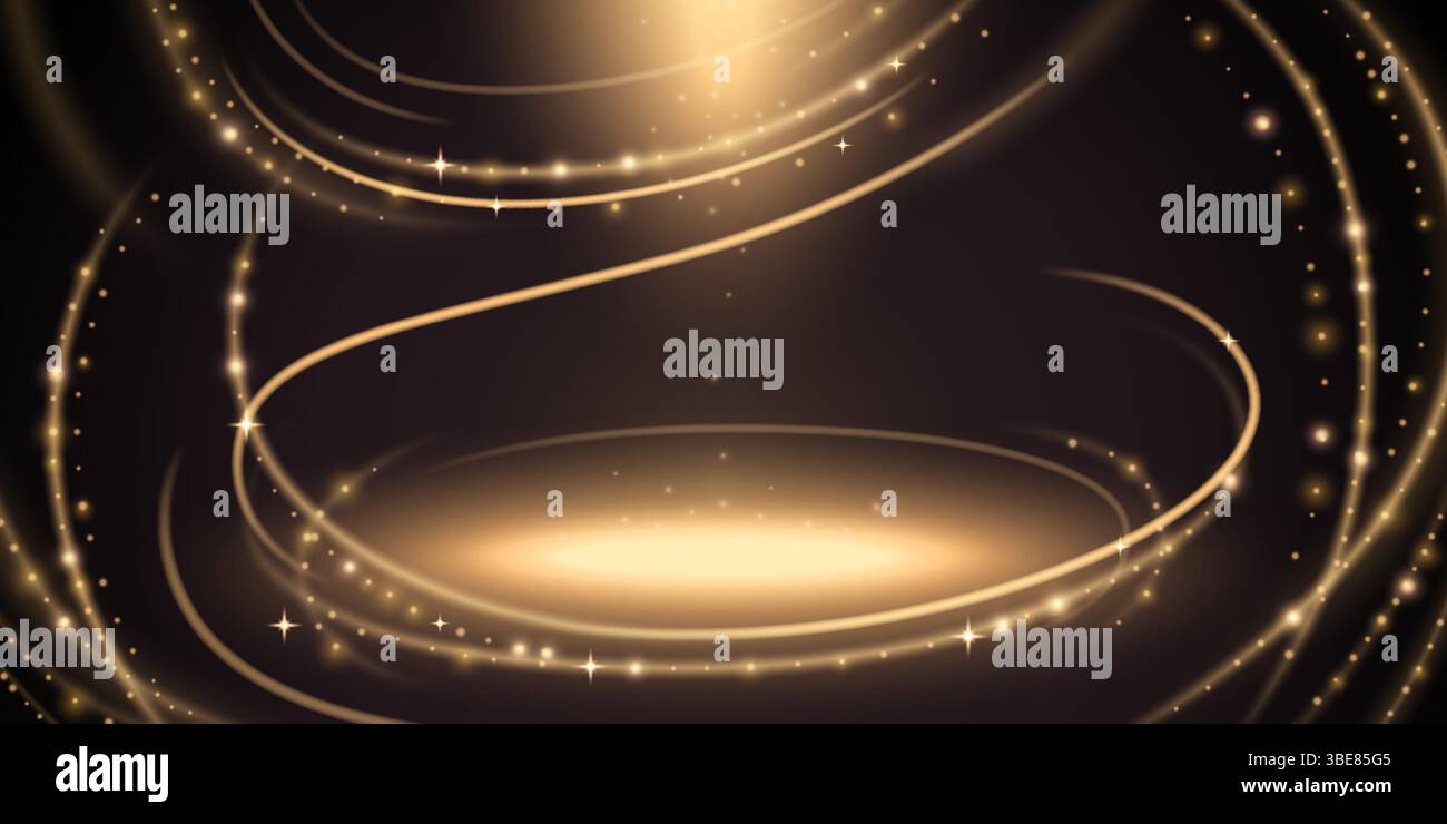 Golden award ceremony stage with glittering spiral lines and curves ...