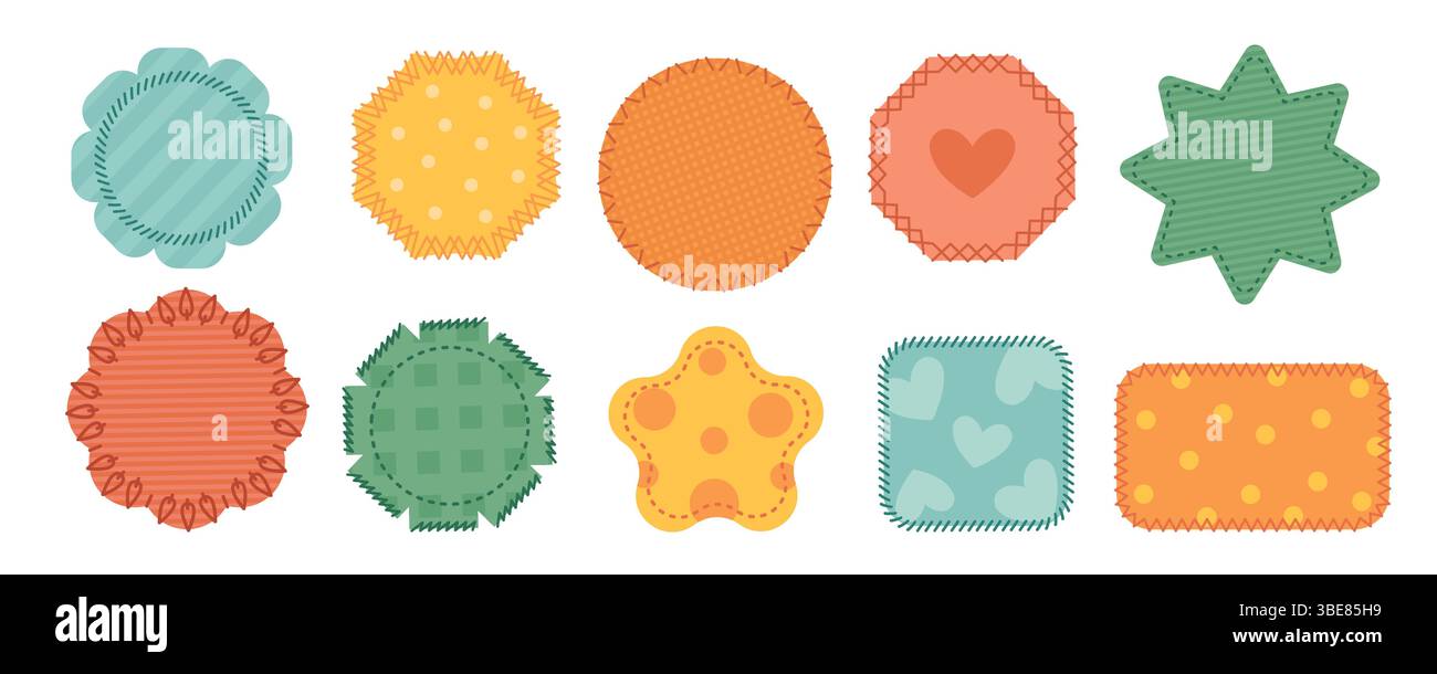 Fabric color patches. Different shapes fabric pieces stitched along ...