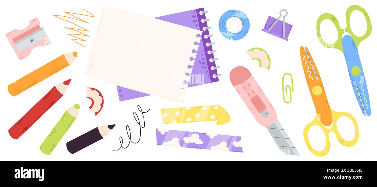 Colorful set of drawing supplies and stationery items - pencils and ...