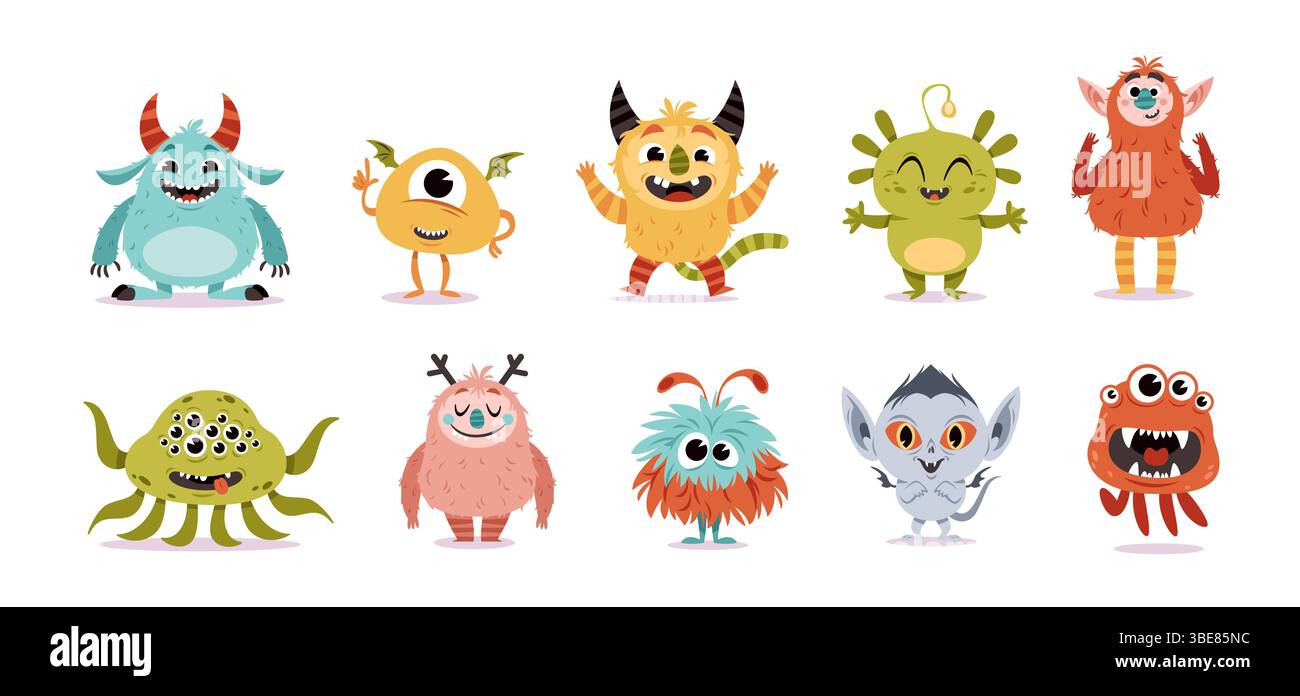 Cute monsters. Cartoon creepy characters, funny little demons, kids ...