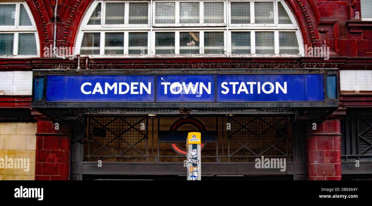View of Camden Town Station sign in London. The station is a key part ...