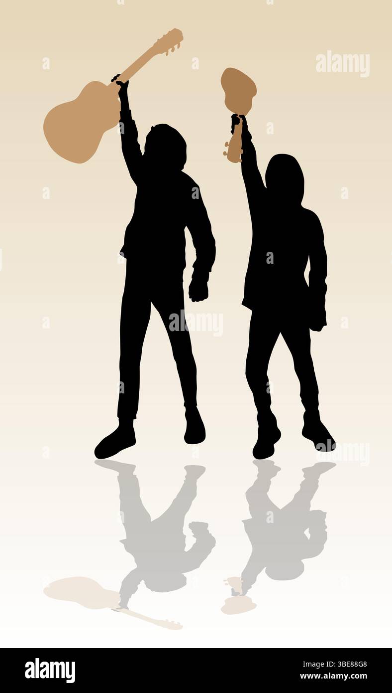 Children holding guitars silhouette, music celebration, reflection art ...