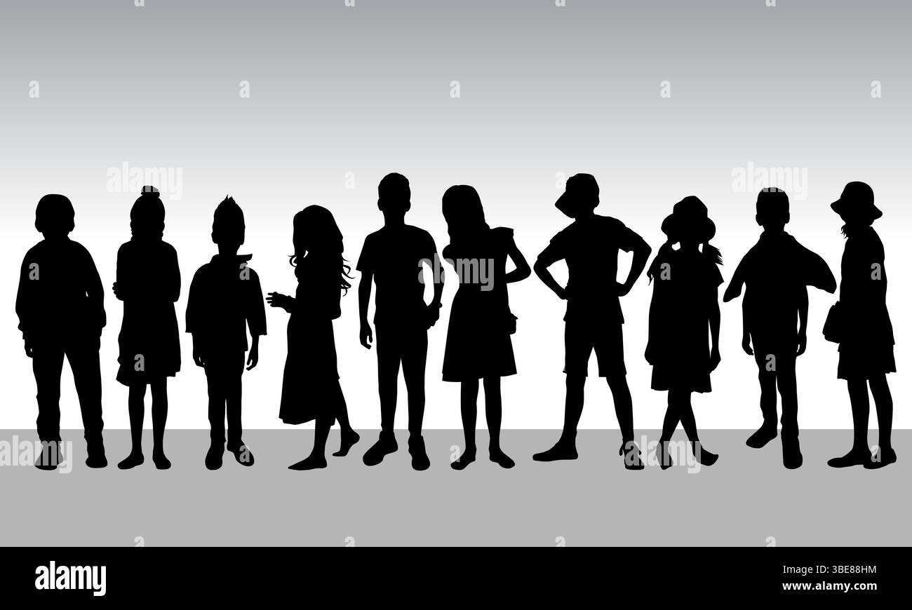 Silhouette of a Diverse Group of Children Standing Together Stock ...