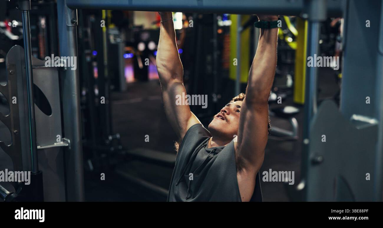 Fitness, man and pull up workout at gym for shoulder strength, muscle ...