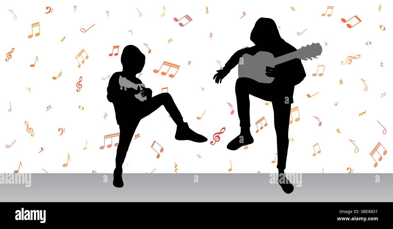Children holding guitars silhouette, music celebration, reflection art ...
