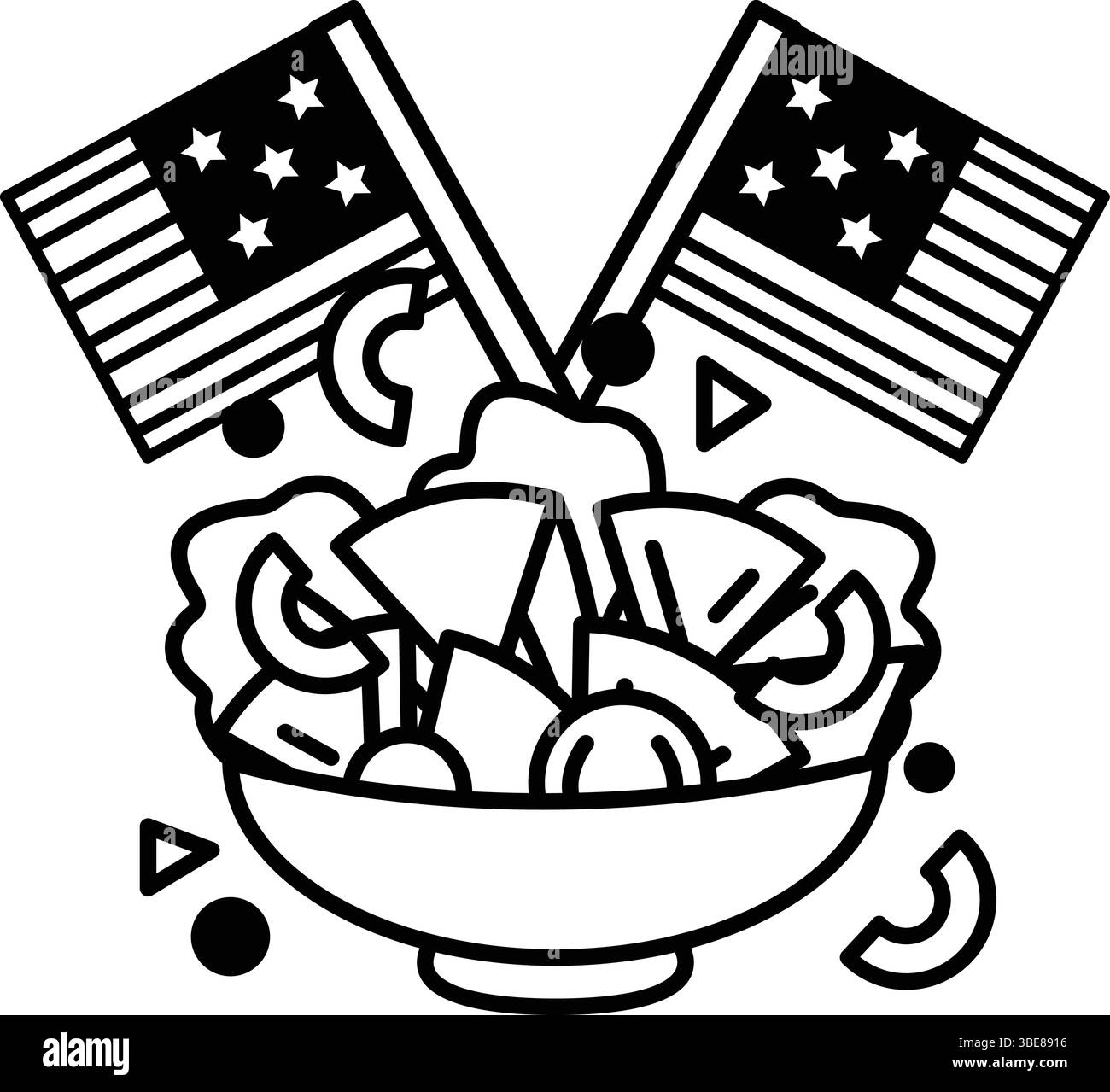 A bowl of food with two American flags in the background. The bowl is ...