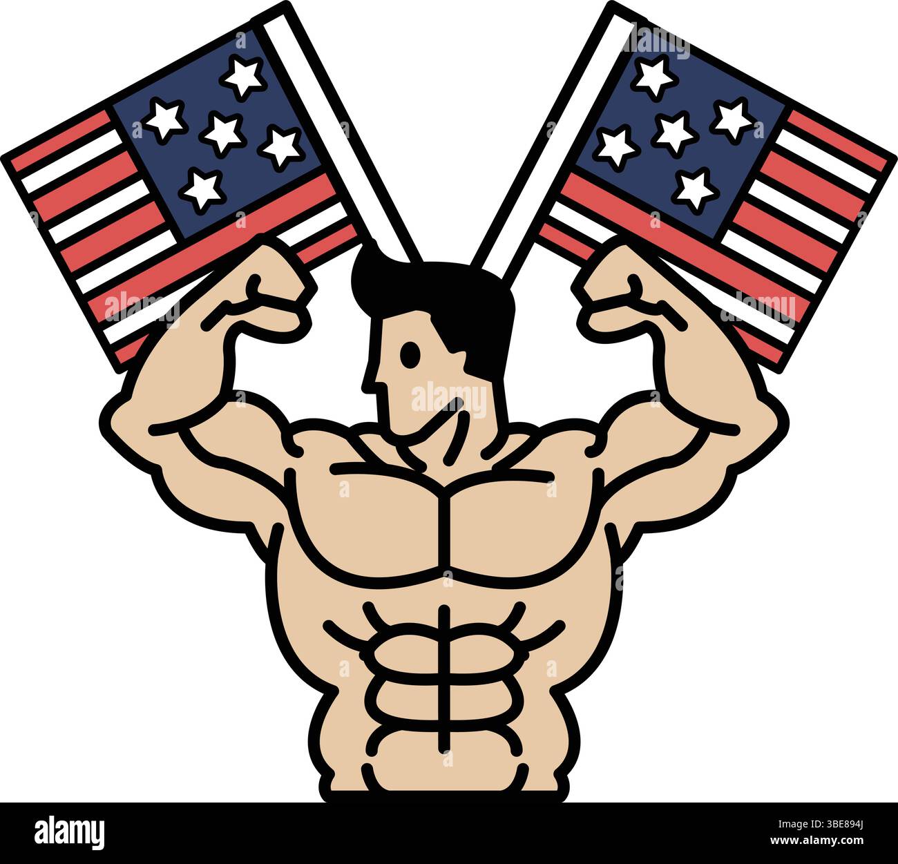 A man with a muscular build is holding two American flags in his hands ...