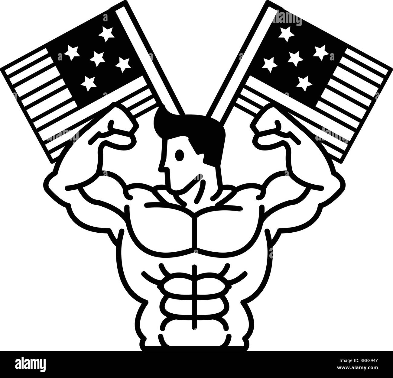 A man with a muscular build is holding two American flags in his hands ...
