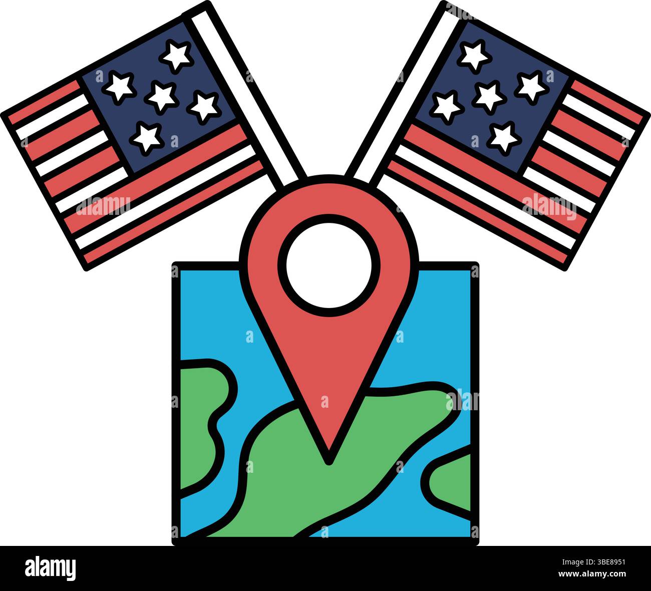 A red dot is placed on a map with two American flags in the background ...