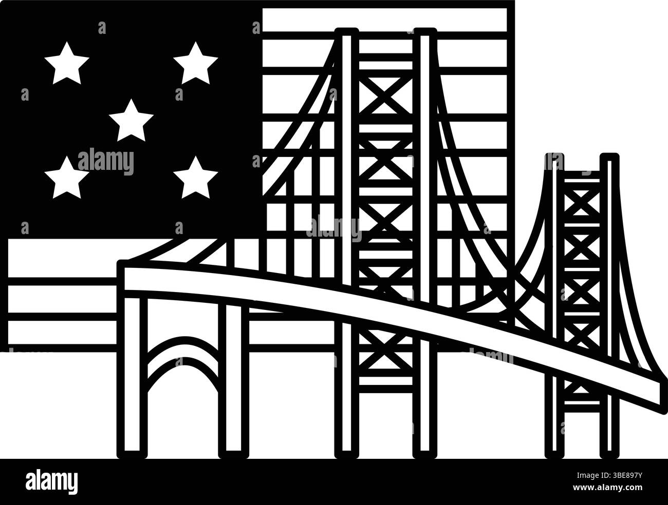A black and white drawing of a bridge with a star and stripes flag in ...
