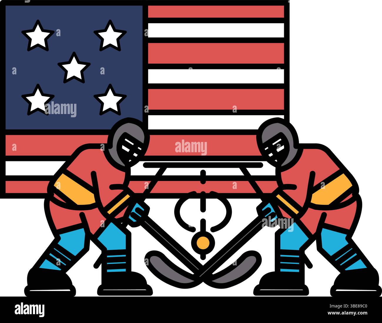 Two hockey players are fighting on a hockey rink in front of the ...