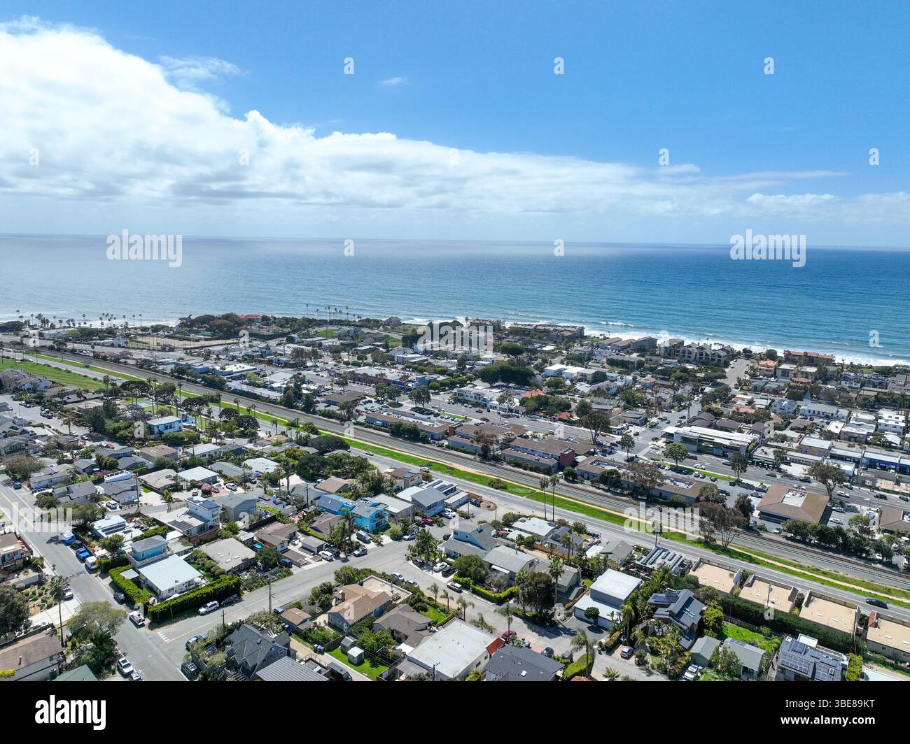 Aerial view of wealthy Encinitas town with blue ocean in San Diego ...
