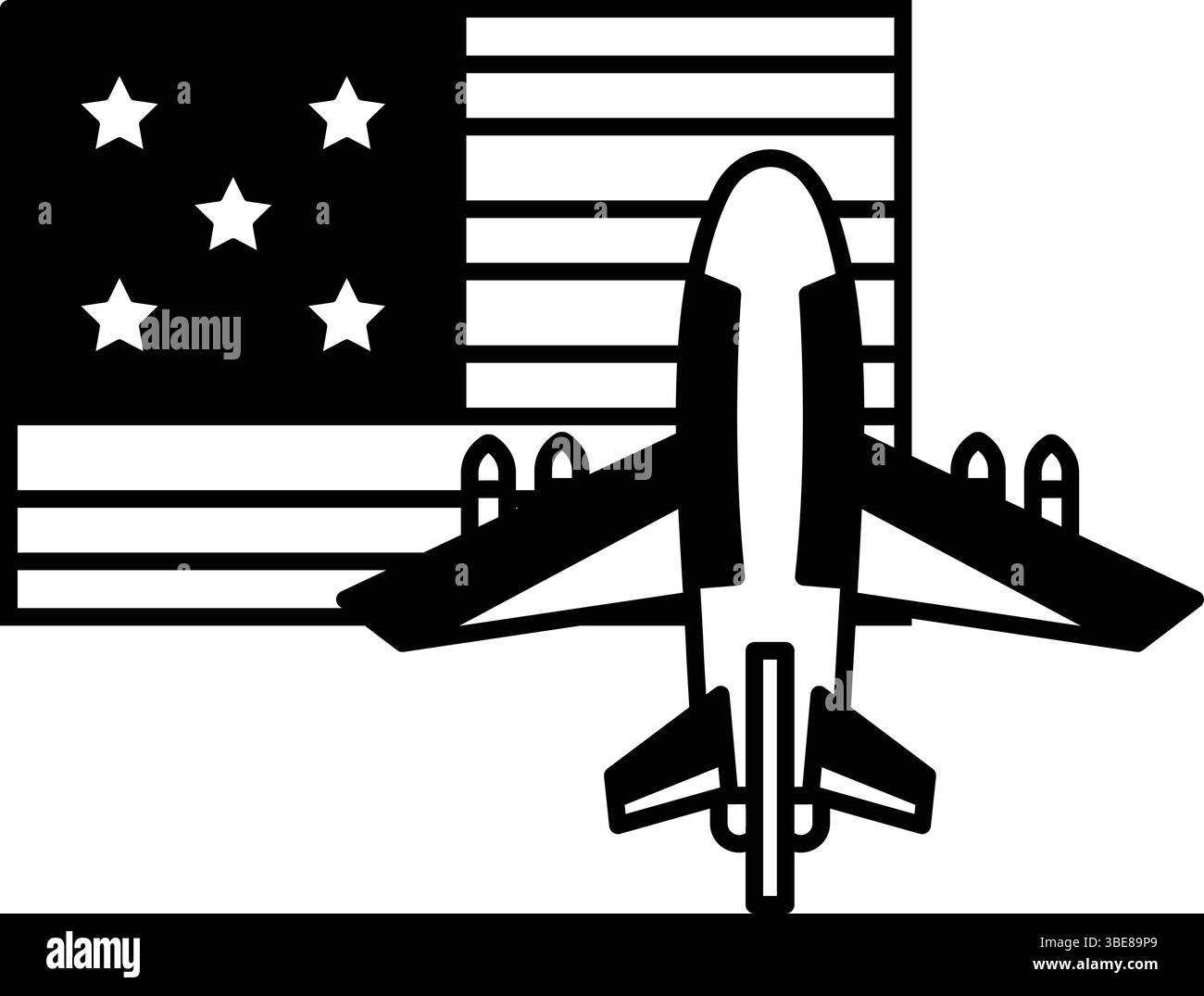 A black and white drawing of an airplane with the American flag in the ...