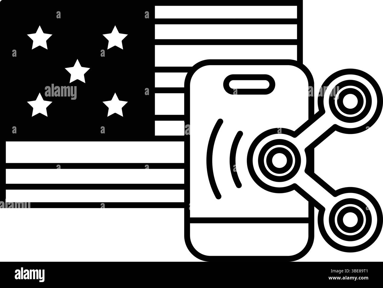 A black and white image of a cell phone with a star and American flag ...