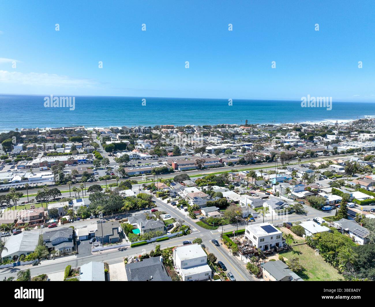 Aerial view of wealthy Encinitas town with blue ocean in San Diego ...